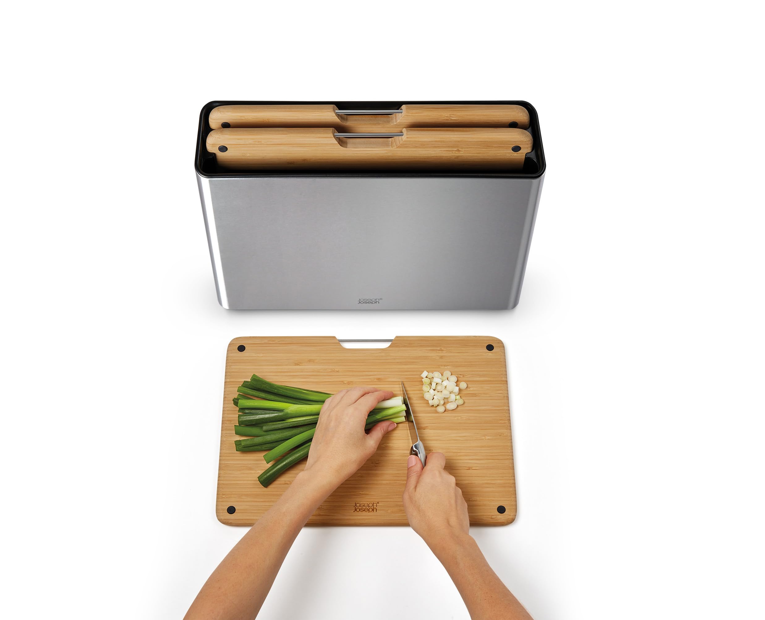 Joseph Joseph Folio Premium 3-Piece Cutting Board Set, Slimline Case for Organized Kitchen Storage, Large, Stainless Steel and Bamboo