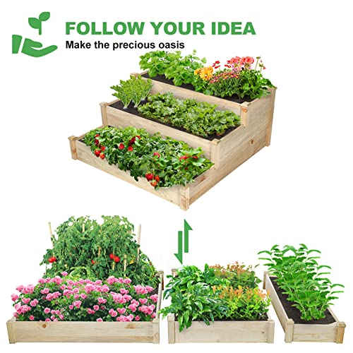 GARFANS 3 Tier Raised Garden Bed Elevated Wooden Planter Box Vegetables Flower Grow Bed Kit Outdoor Planter Garden Boxes for Patio Herb Backyard Raised Planters Beds, 49 x 49 x 22 inch