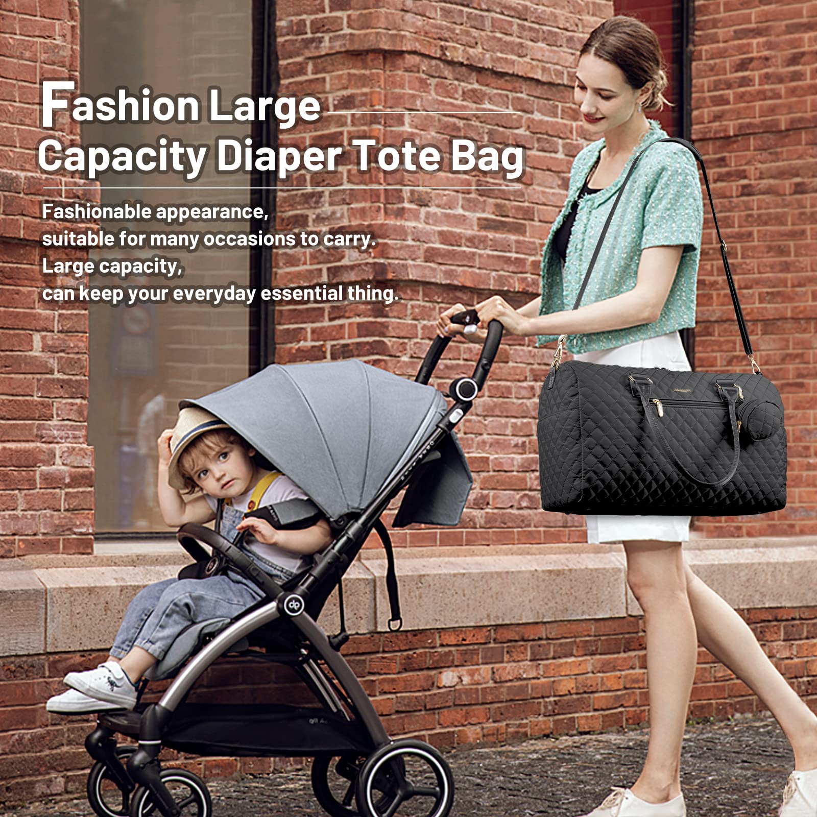 LOVEVOOK Diaper Bag Tote with Pacifier Case and Changing Pad, Large Capacity Mommy Bag for Hospital and Weekender Travel, Functional Baby Bag Newborn Baby Essential, Black