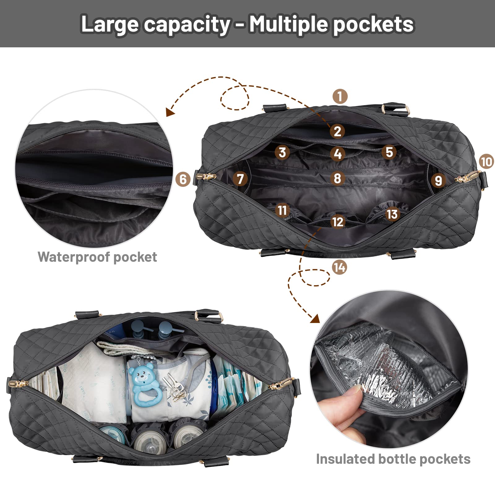 LOVEVOOK Diaper Bag Tote with Pacifier Case and Changing Pad, Large Capacity Mommy Bag for Hospital and Weekender Travel, Functional Baby Bag Newborn Baby Essential, Black
