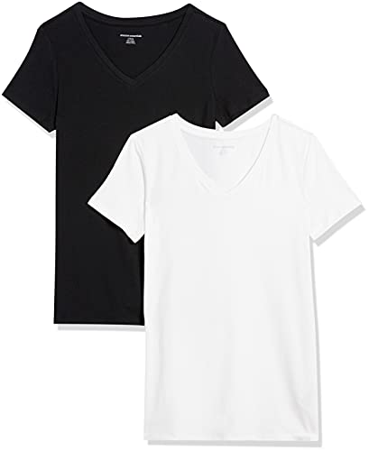 Amazon Essentials Women's Classic-Fit Short-Sleeve V-Neck T-Shirt, Pack of 2, Black/White, X-Large