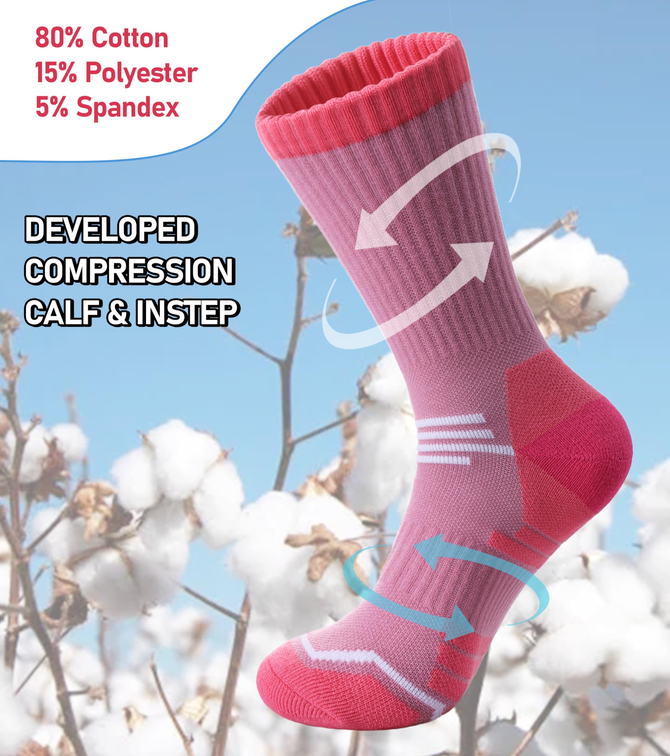 FNOVCO Women's Hiking Walking Running Crew Socks Thick Cushioned Athletic Compression Socks 5 Pairs (Multicolor 02, 8-10)