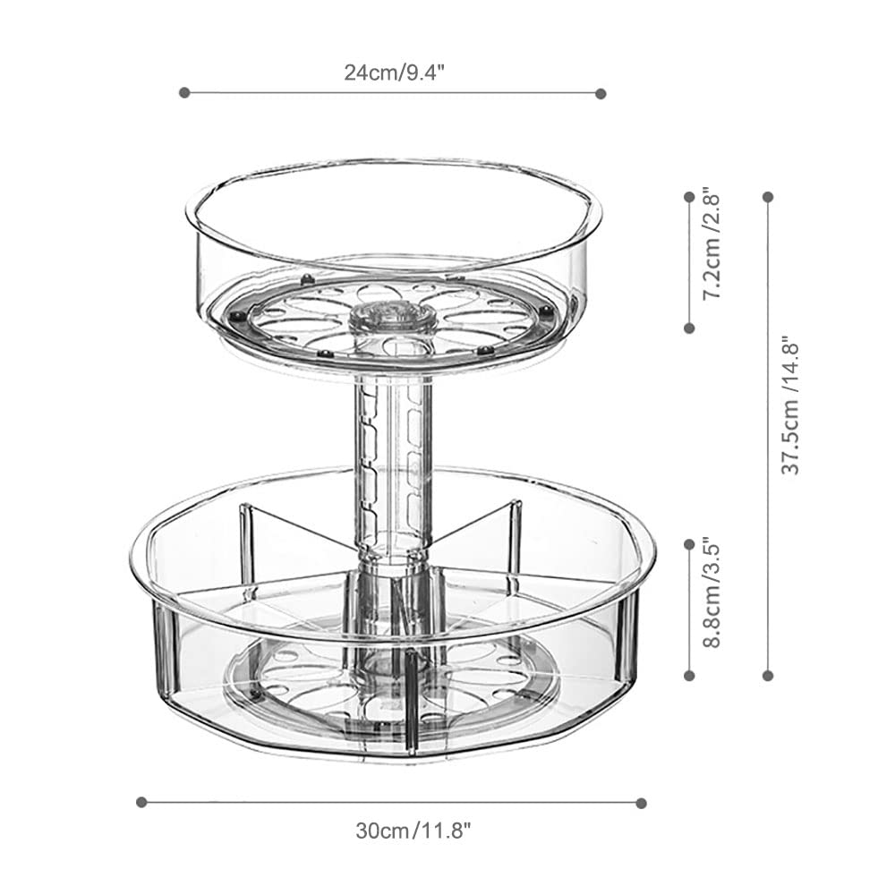 A ALFEEL 2 Tier Lazy Susan Organizer, 11.8 Inches Height Adjustable Rotating Turntable with 5 Divided Bins , Clear Spice Rack for Cabinet, Fridge, Bathroom, Makeup,Medicine ,Pantry Organization