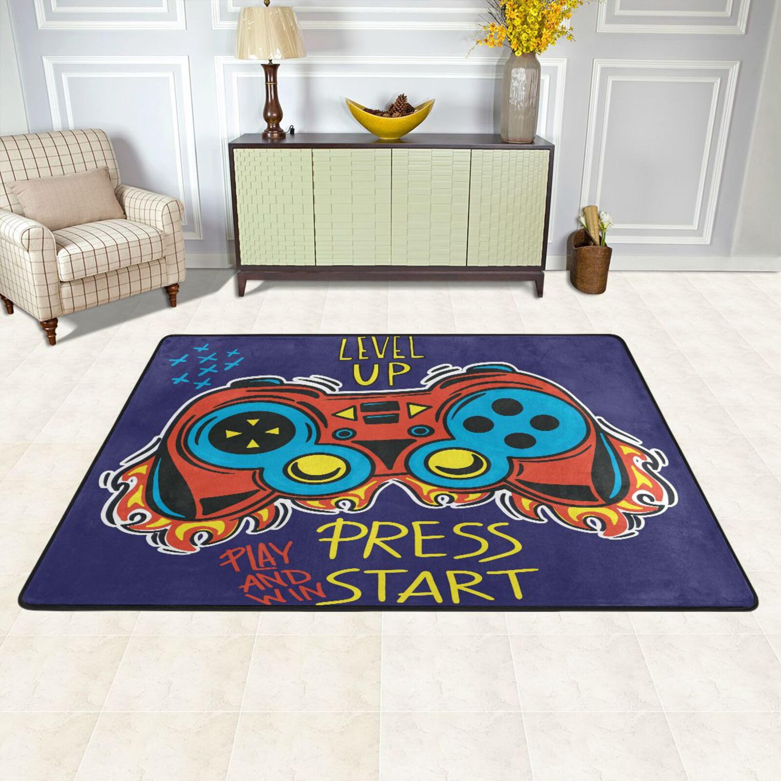 Gamer Joystick Area Rug 4x6 Cool Gamepad Non Slip Large Rugs for Living Room Bedroom Absorbent Washable Carpet with Rubber Backing Indoor Outdoor for Dorm Backyard Patio
