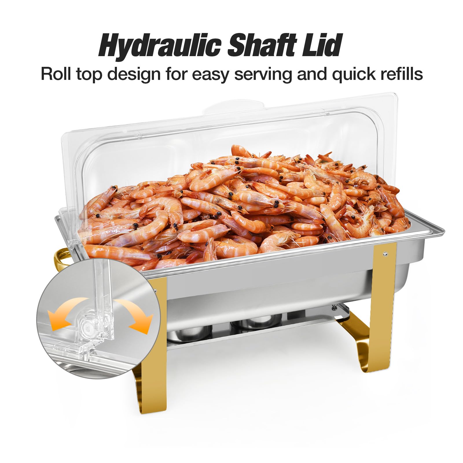 Restlrious Chafing Dish Buffet Set with Roll Top Plastic Cover 2 Pack, Stainless Steel 8 QT Rectangular Chafers and Buffet Warmers Complete Set w/Food Pan Water Pan, Fuel Holder in Gold Accent