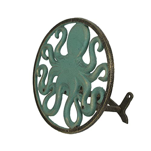 Zeckos Cast Iron 12 inch Octopus Decorative Wall Mounted Hanging Garden Hose Holder Verdigris Green Finish - 125 ft Hose