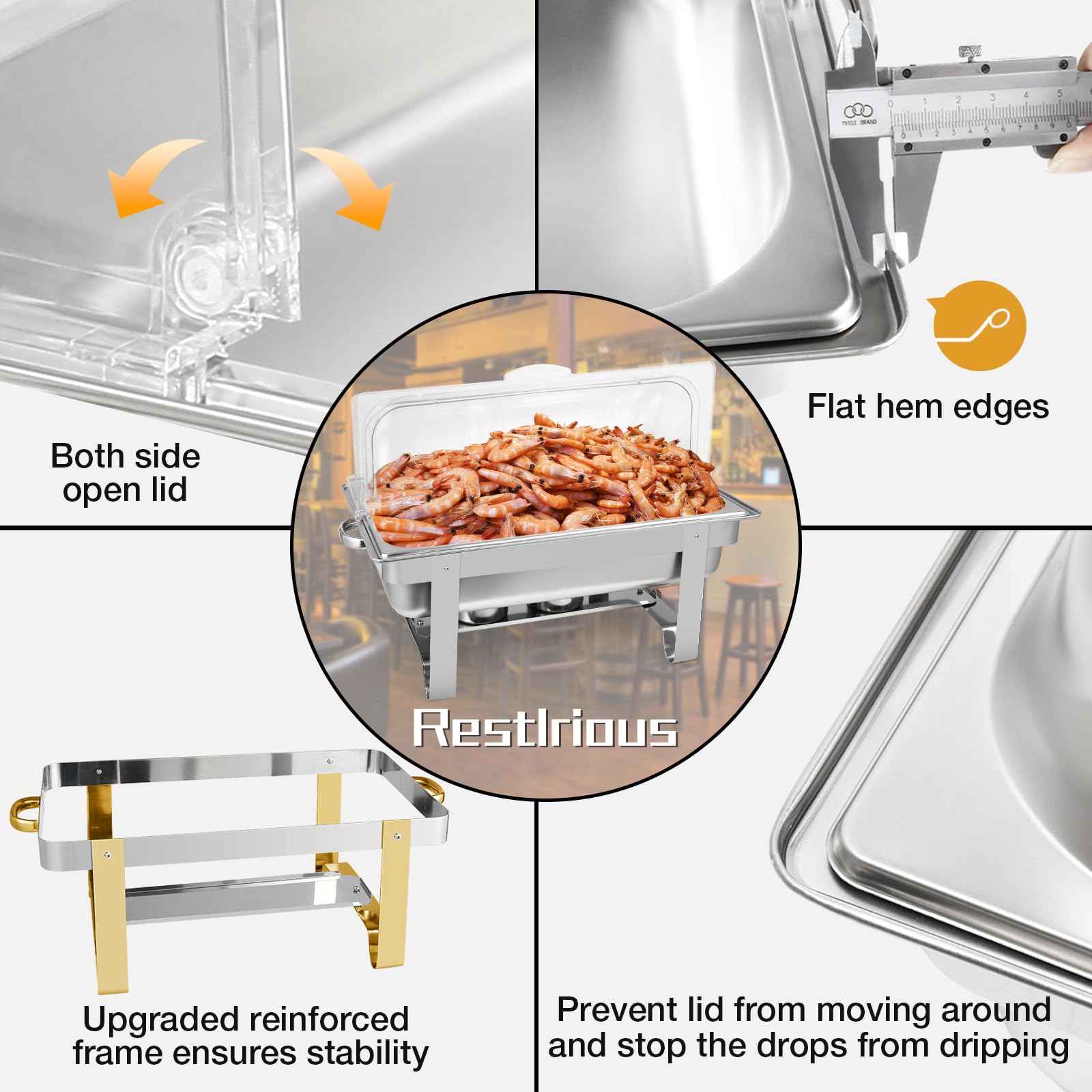 Restlrious Chafing Dish Buffet Set with Roll Top Plastic Cover 2 Pack, Stainless Steel 8 QT Rectangular Chafers and Buffet Warmers Complete Set w/Food Pan Water Pan, Fuel Holder in Gold Accent