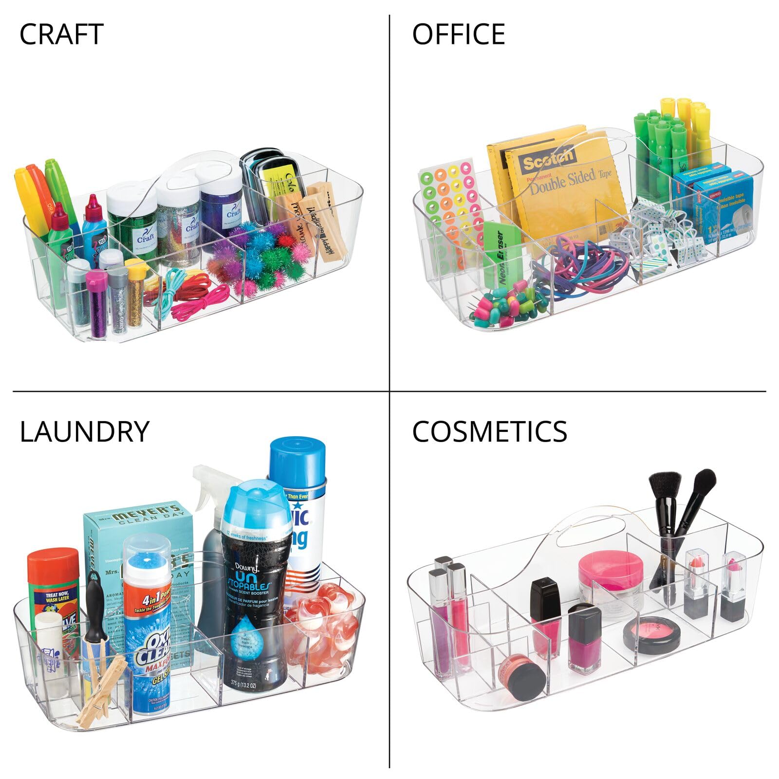 mDesign Plastic Divided Cosmetic Organizer Caddy Tote Bin with Handle, for Bathroom Vanity Storage - Holds Blush, Makeup Brushes, Palettes, Lipstick, Nail Polish - Lumiere Collection - Clear
