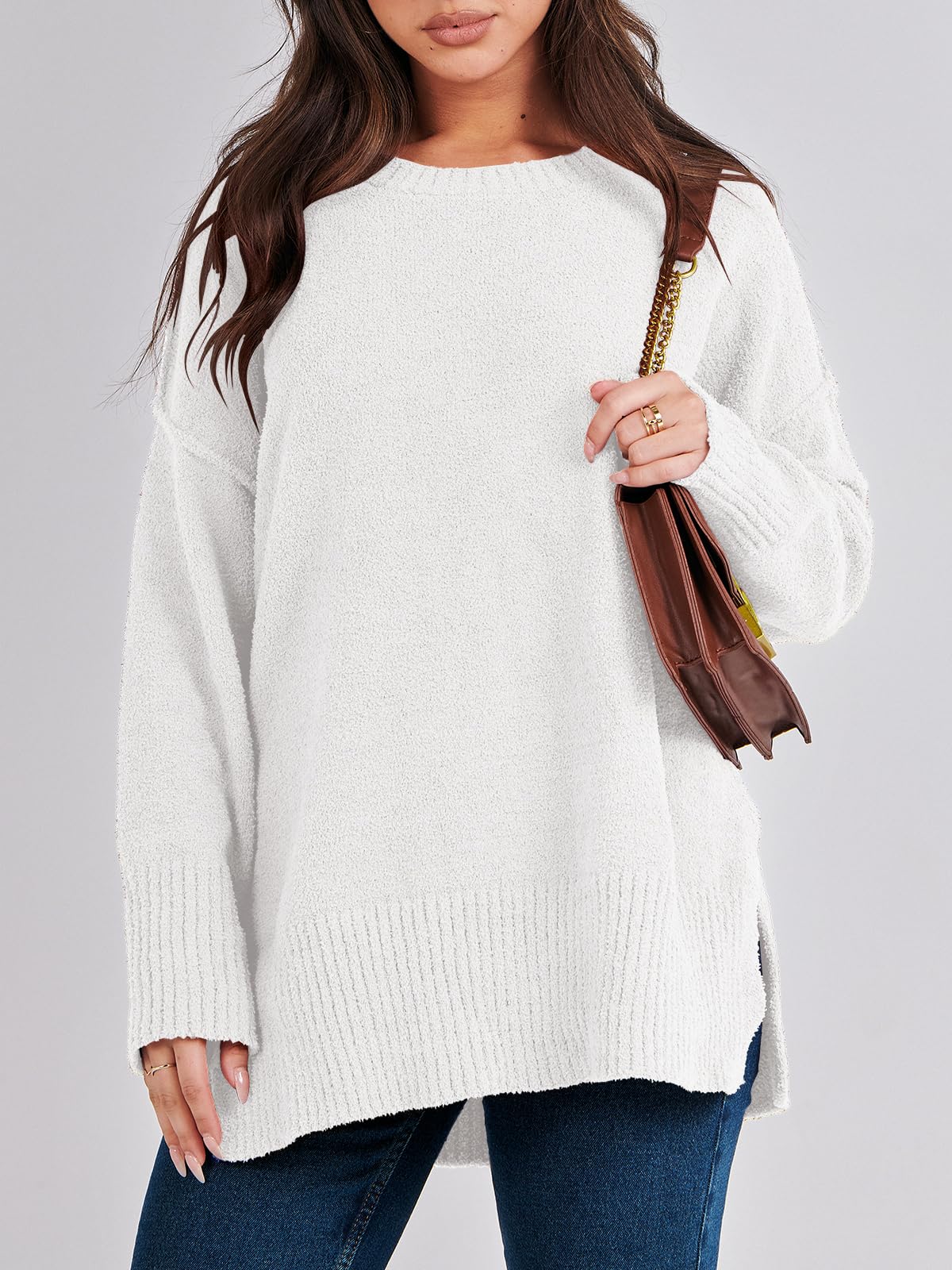 ANRABESS Women's 2024 Fall Oversized Long Sleeve Chunky Fuzzy Knit Casual Crewneck Warm Pullover Sweaters Top Trendy Outfits White