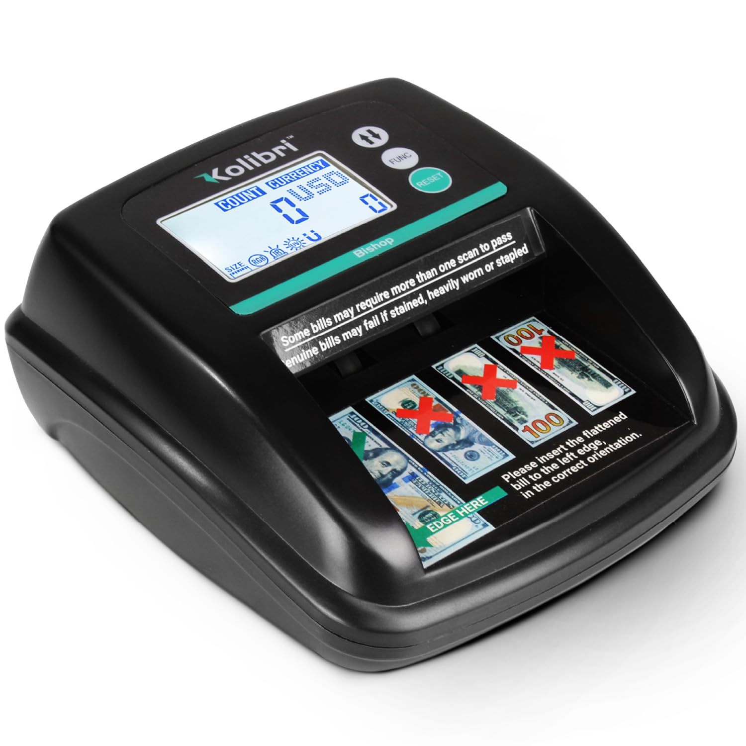KOLIBRI Bishop Automatic Counterfeit Bill Detector Machine with 5 Advanced Counterfeit Detection Checks UV/MG/IR/Size/RGB - Fake Money Detector, LCD Screen, Easy to Use, Compact and Lightweight