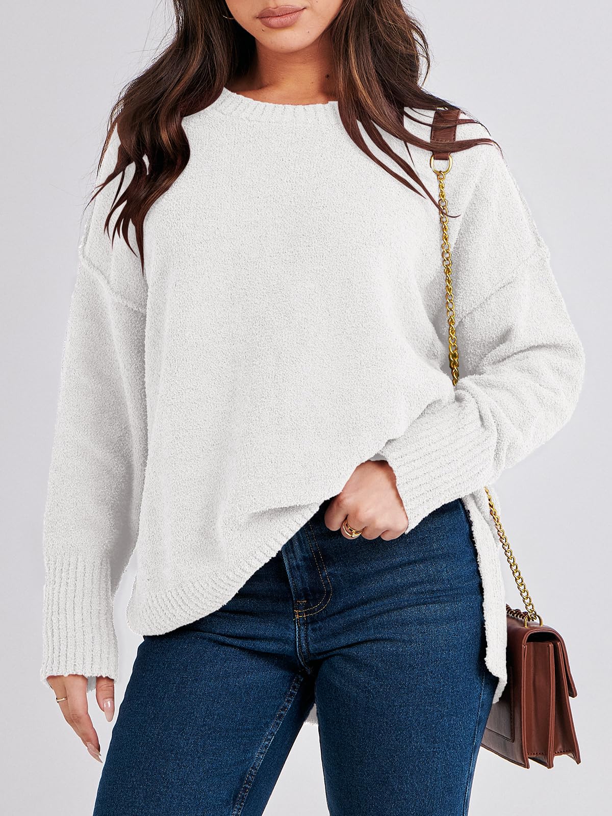 ANRABESS Women's 2024 Fall Oversized Long Sleeve Chunky Fuzzy Knit Casual Crewneck Warm Pullover Sweaters Top Trendy Outfits White