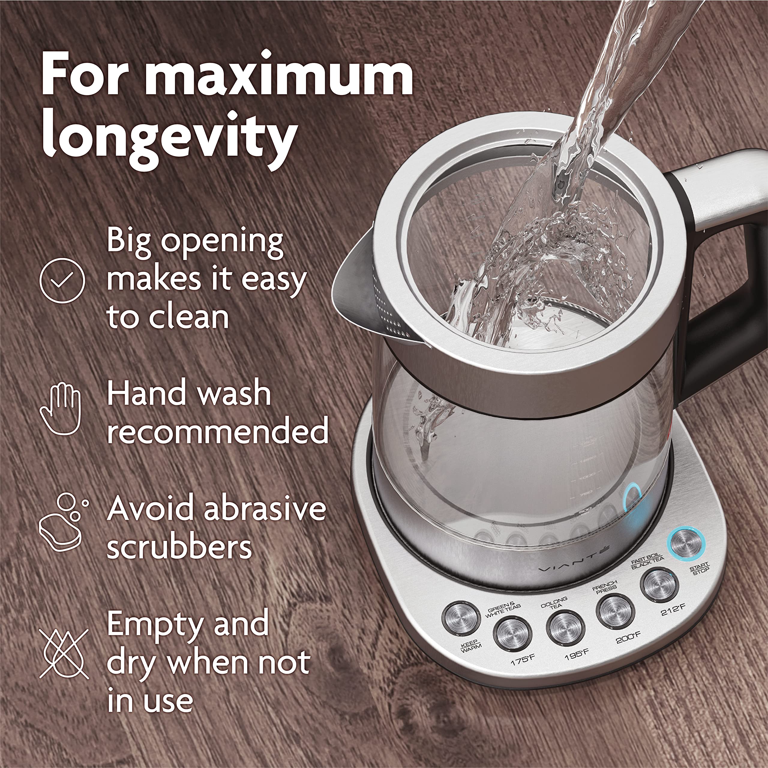 Hot Tea Maker Electric Glass Kettle with tea infuser and temperature control. Automatic Shut off. Brewing Programs for your favorite teas and Coffee.