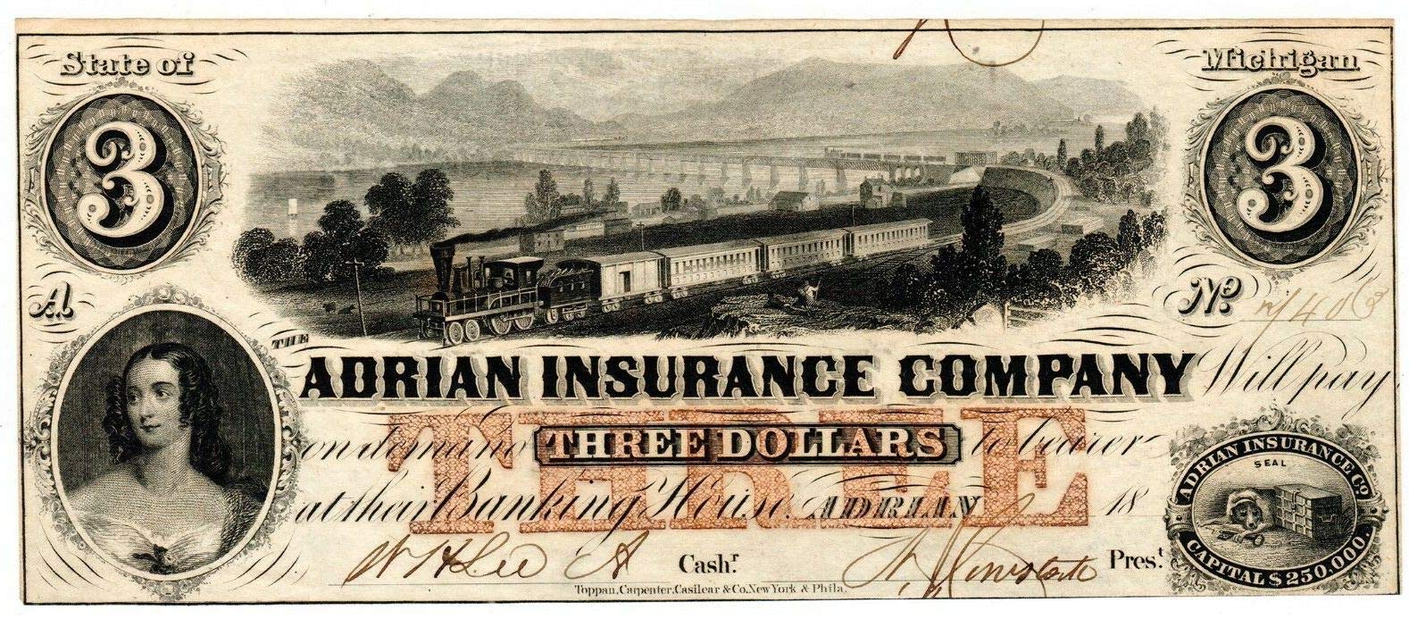 1854 Toppan Carpenter Casilear OSOLETE CURRENCY (BANK ISSUED) $3 AU