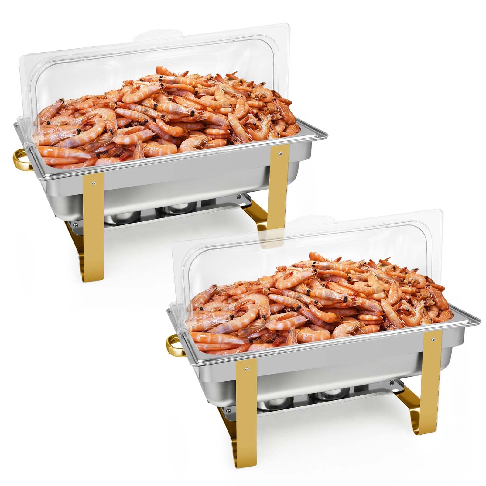 Restlrious Chafing Dish Buffet Set with Roll Top Plastic Cover 2 Pack, Stainless Steel 8 QT Rectangular Chafers and Buffet Warmers Complete Set w/Food Pan Water Pan, Fuel Holder in Gold Accent