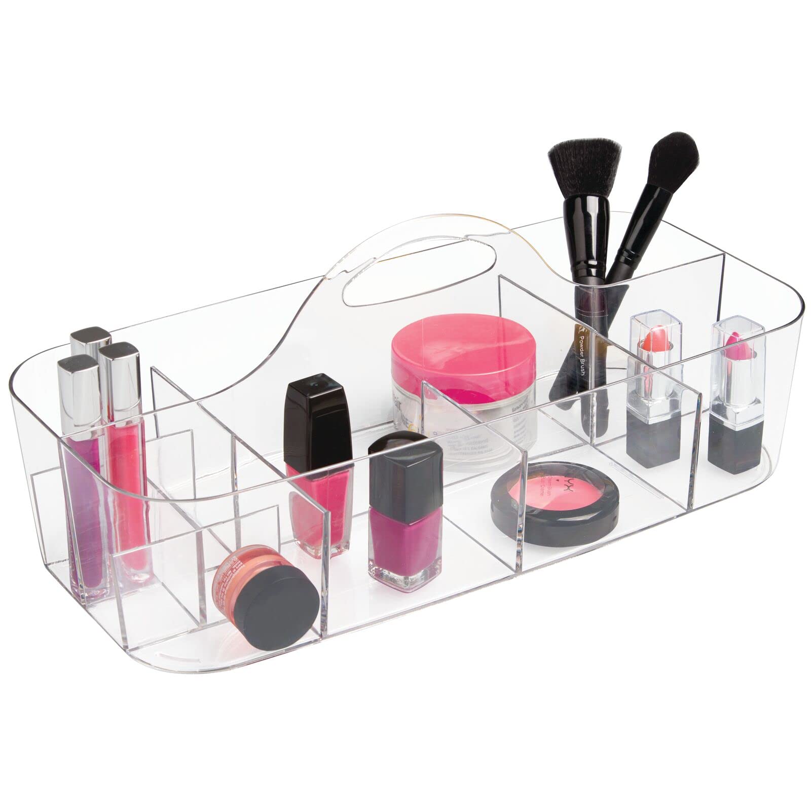 mDesign Plastic Divided Cosmetic Organizer Caddy Tote Bin with Handle, for Bathroom Vanity Storage - Holds Blush, Makeup Brushes, Palettes, Lipstick, Nail Polish - Lumiere Collection - Clear