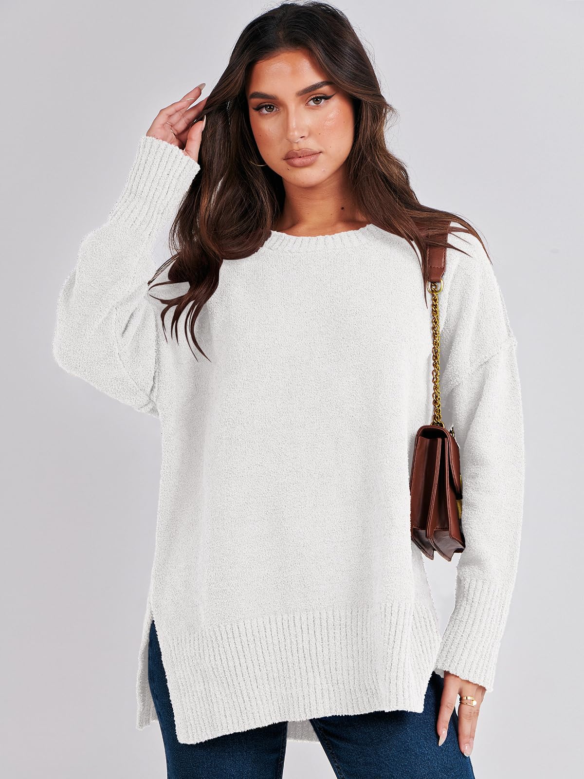 ANRABESS Women's 2024 Fall Oversized Long Sleeve Chunky Fuzzy Knit Casual Crewneck Warm Pullover Sweaters Top Trendy Outfits White