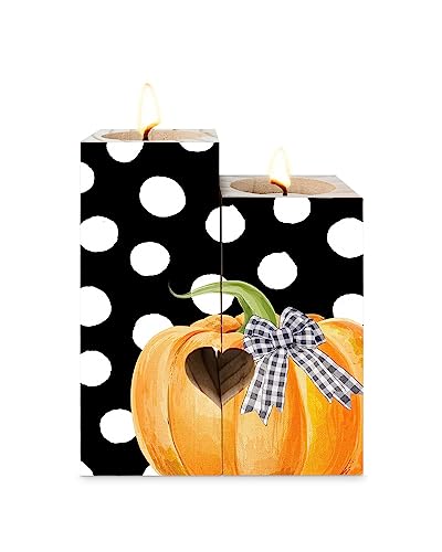 Boho Thanksgiving Candle Holder with Tea Light, Vintage Wood Tealight Candle Stick Holder Pillar Centerpiece, Heart-Shaped Tall Wooden Tea Light Candle Holders Decor Set Black White Dot Fall Pumpkin