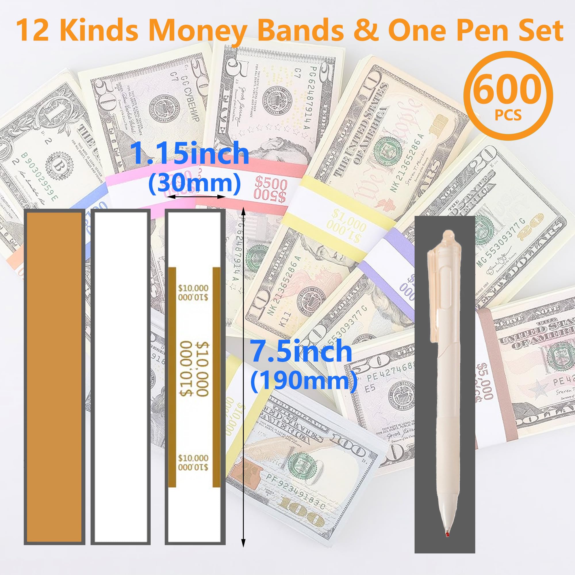 Money Bands for Cash 600-PCS Self Adhesive Wrappers for Bills, Currency Sleeves for Prop Money with One White Pen(50 of Each-600 Assorted)
