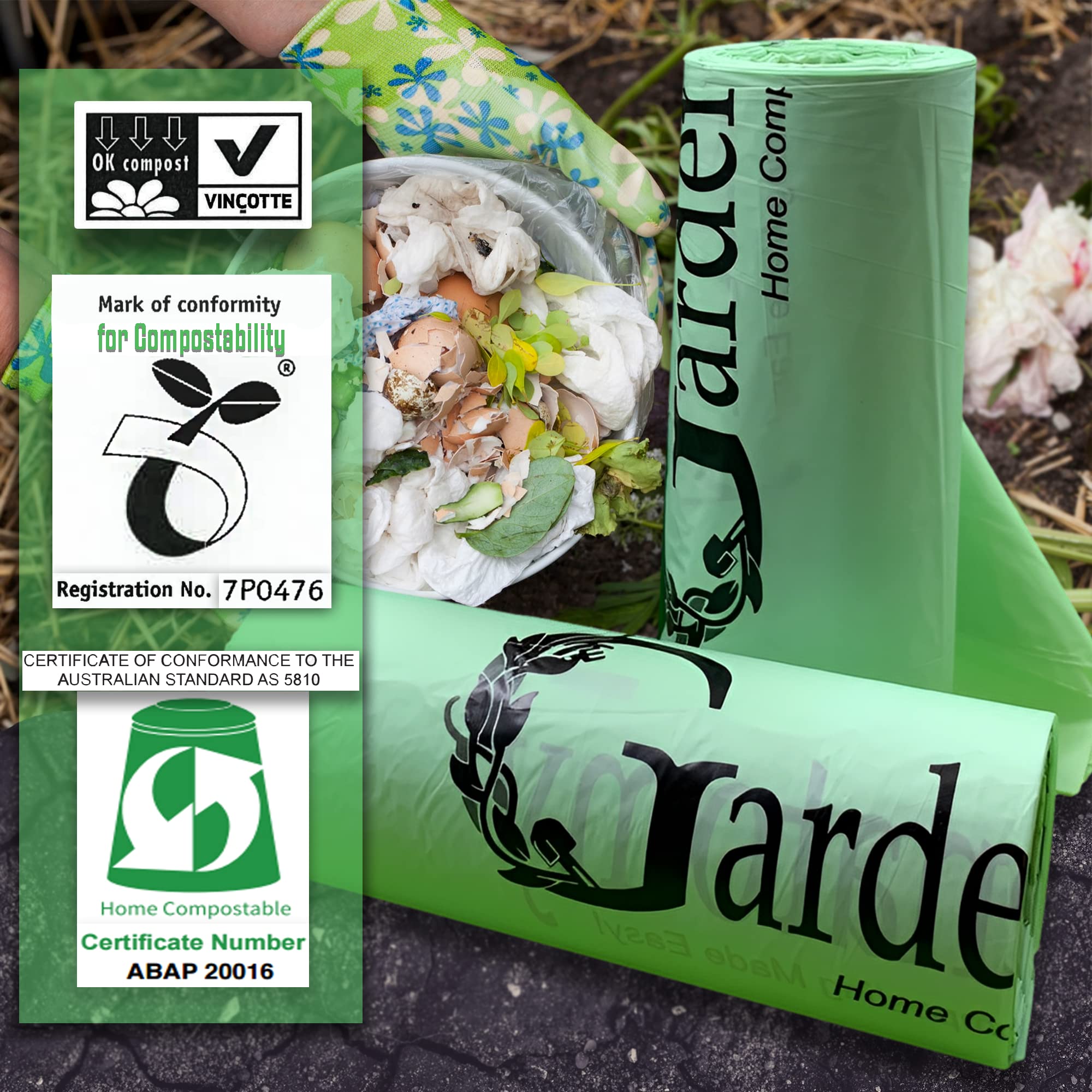 Compostable Trash Bags for Kitchen Compost Bin - Fits 1, 1.2, 1.3, 1.5 Gallon Biodegradable Compost Bags for Kitchen Pail liners- Package of 2-50 bags per Roll fits Gardenatomy, Goldsol and Other Bins