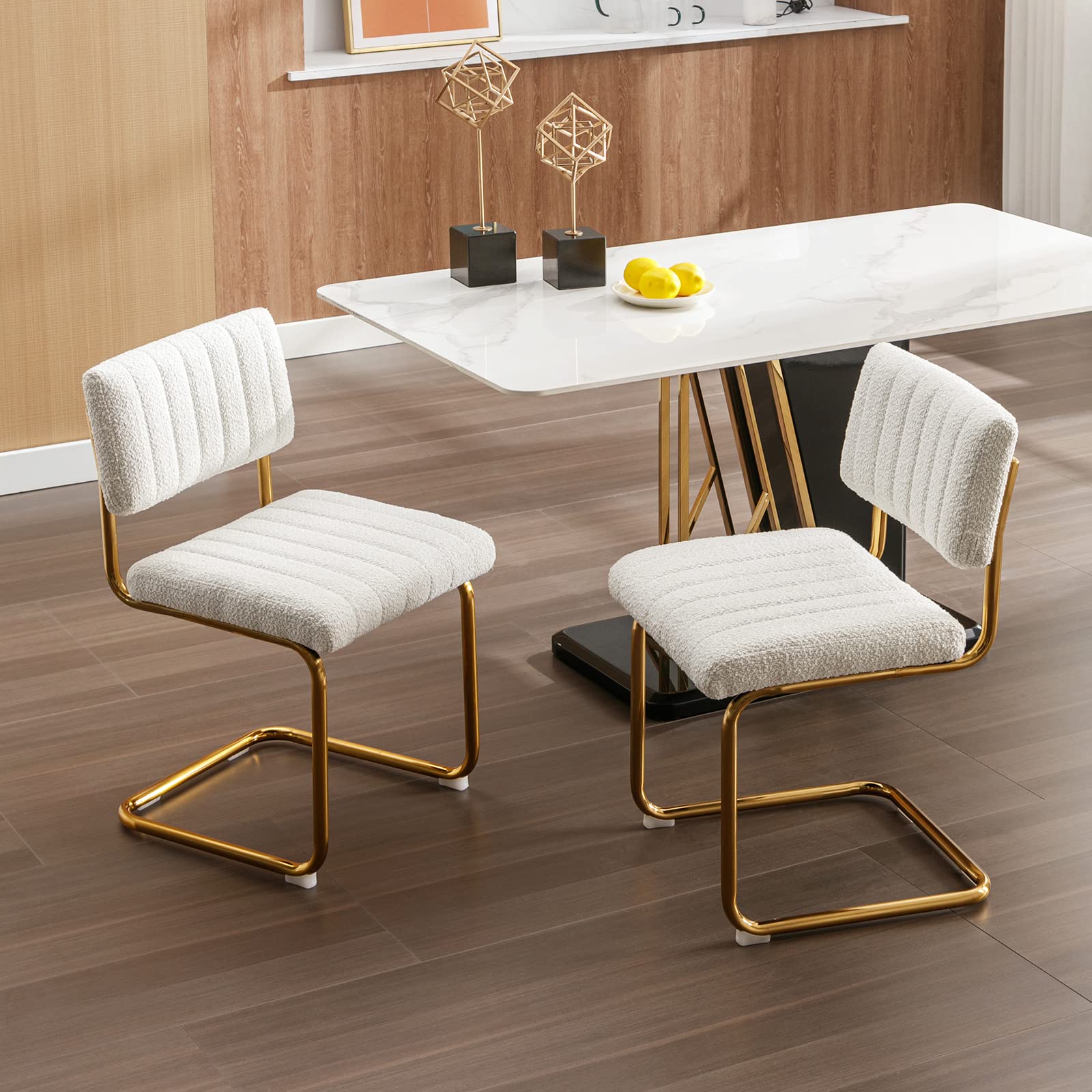 Zesthouse Mid Century Boucle Dining Chairs Set of 2, White Retro Kitchen Chairs with Gold Legs, Upholstered Armless Accent Chairs Side Chairs for Living Room