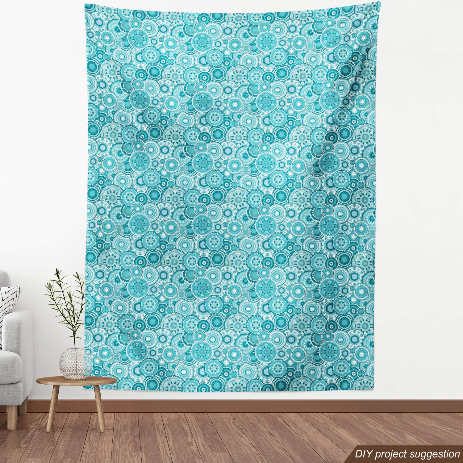 Ambesonne Aqua Fabric by The Yard, Hippie Floral Leaves Mandala Rounds Traditional Elements Print, Decorative Fabric for Upholstery and Home Accents, 1 Yard, Turquoise White