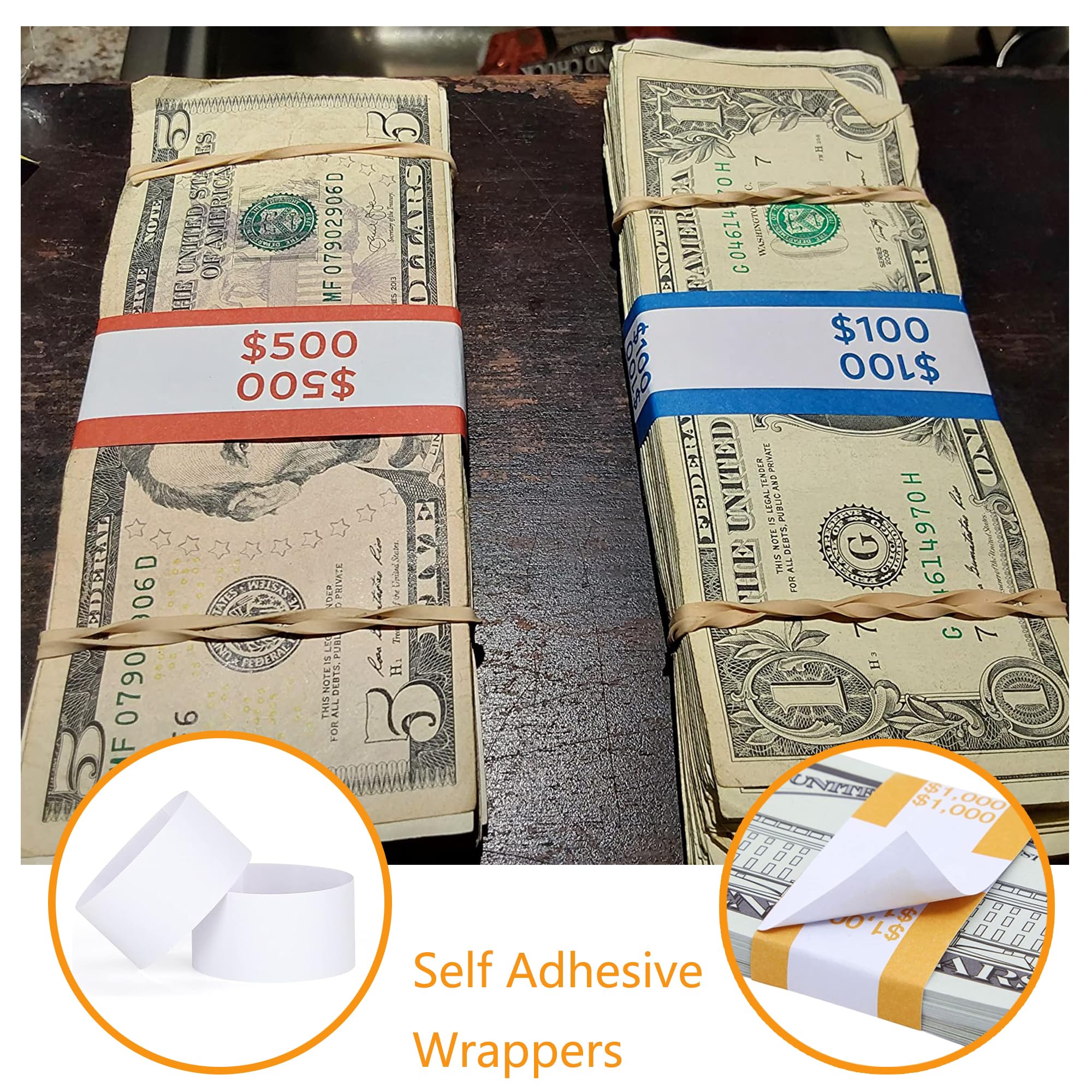 Money Bands for Cash 600-PCS Self Adhesive Wrappers for Bills, Currency Sleeves for Prop Money with One White Pen(50 of Each-600 Assorted)