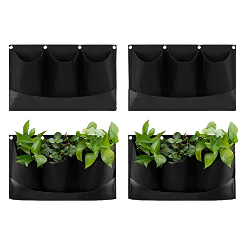 Navaris Hanging Outdoor Planters - Pack of 4 Plant Hangers for Balcony Deck Patio Porch Railing Garden Plants Herbs Flowers - 3 Pocket Felt Planters