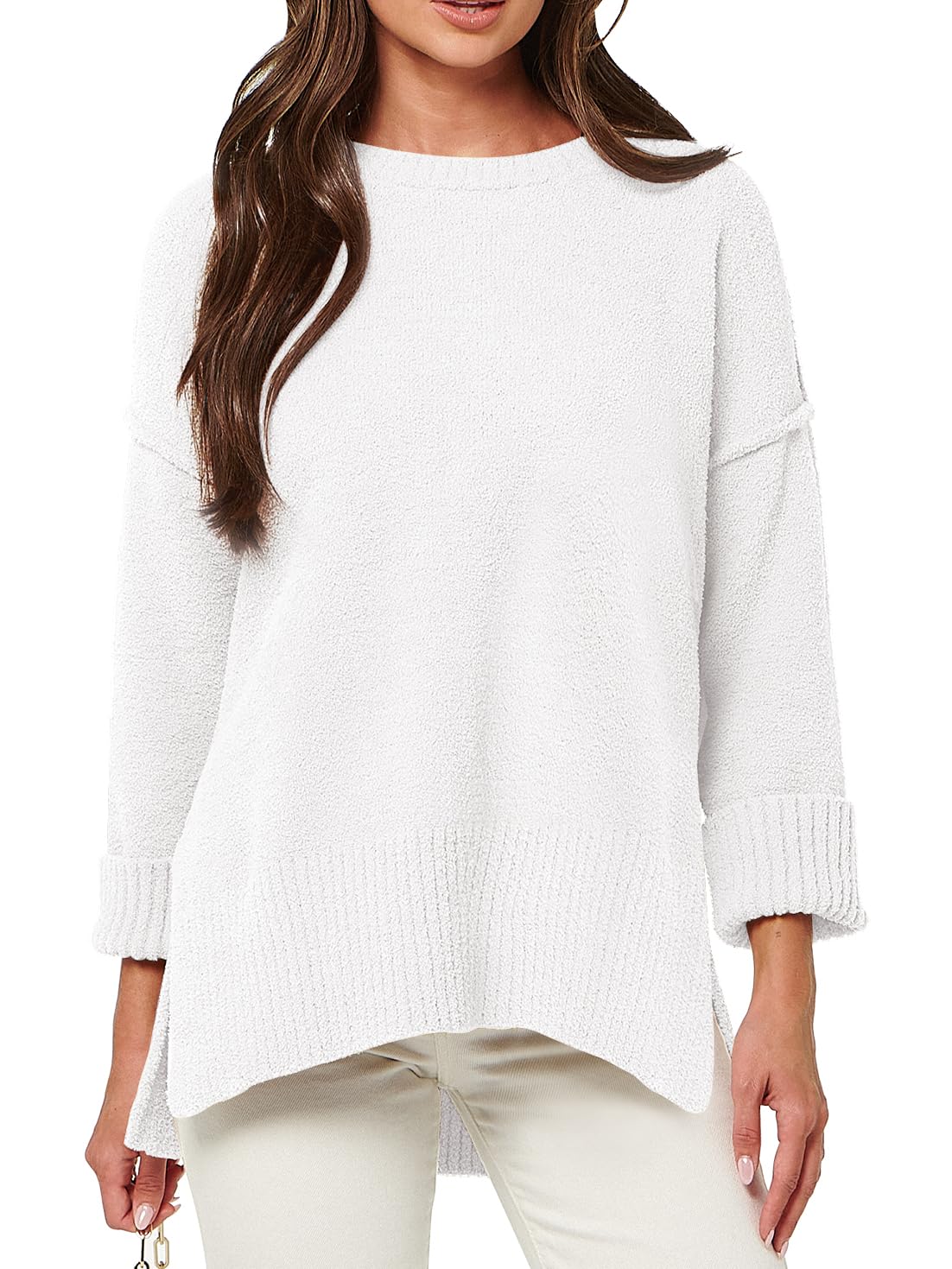 ANRABESS Women's 2024 Fall Oversized Long Sleeve Chunky Fuzzy Knit Casual Crewneck Warm Pullover Sweaters Top Trendy Outfits White