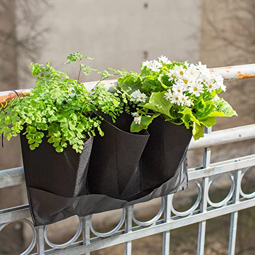 Navaris Hanging Outdoor Planters - Pack of 4 Plant Hangers for Balcony Deck Patio Porch Railing Garden Plants Herbs Flowers - 3 Pocket Felt Planters