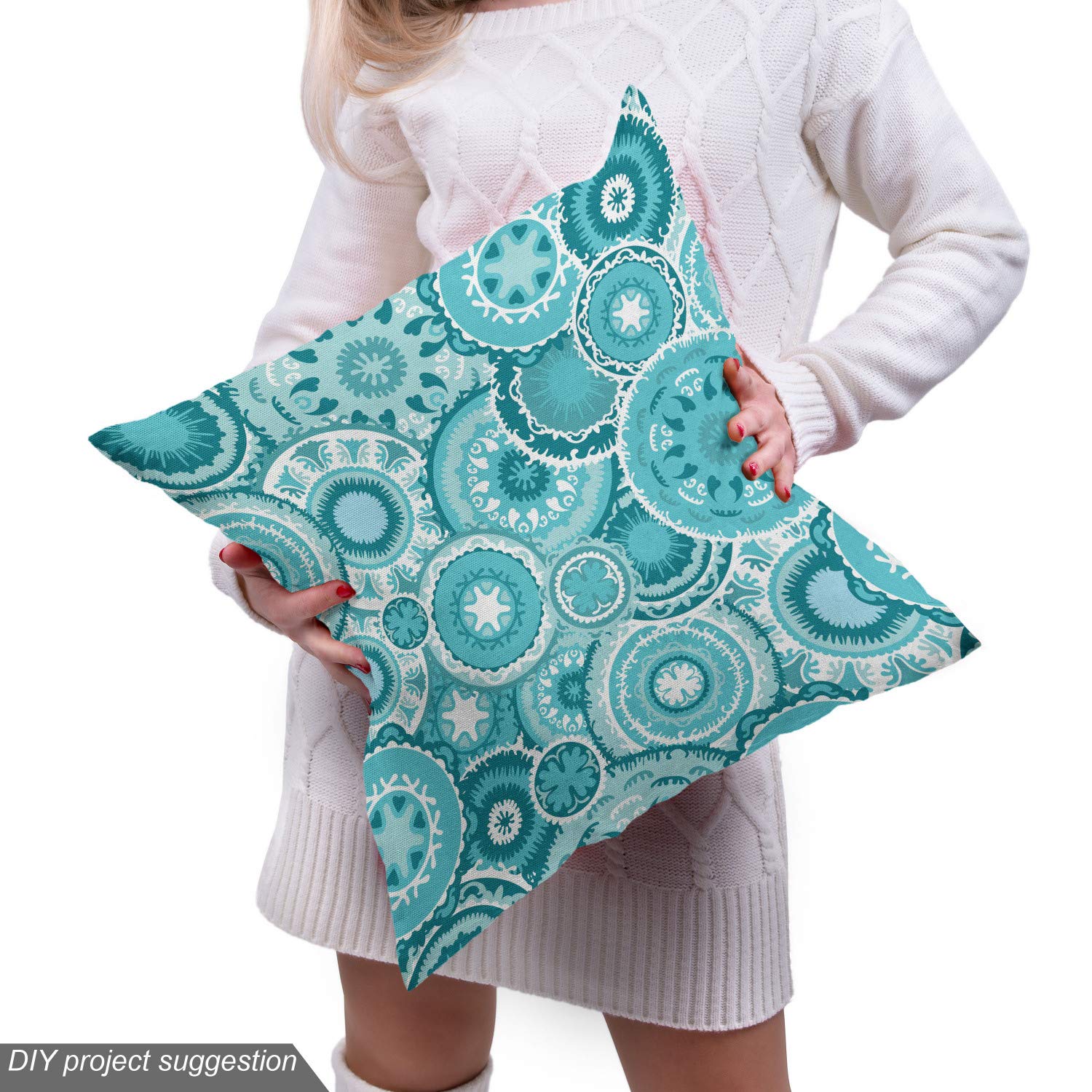 Ambesonne Aqua Fabric by The Yard, Hippie Floral Leaves Mandala Rounds Traditional Elements Print, Decorative Fabric for Upholstery and Home Accents, 1 Yard, Turquoise White
