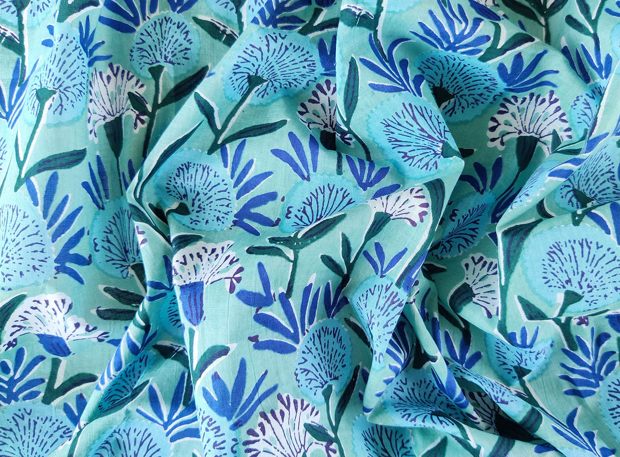 Craftbot Hand Block Print Fabric by The Yard - PRECUT 1 Yard 42 Inch Width - 100% Cotton Material - Aqua and Blue Floral Pattern - Light Weight Indian Cloth for Making Summer Dress Tops Project etc