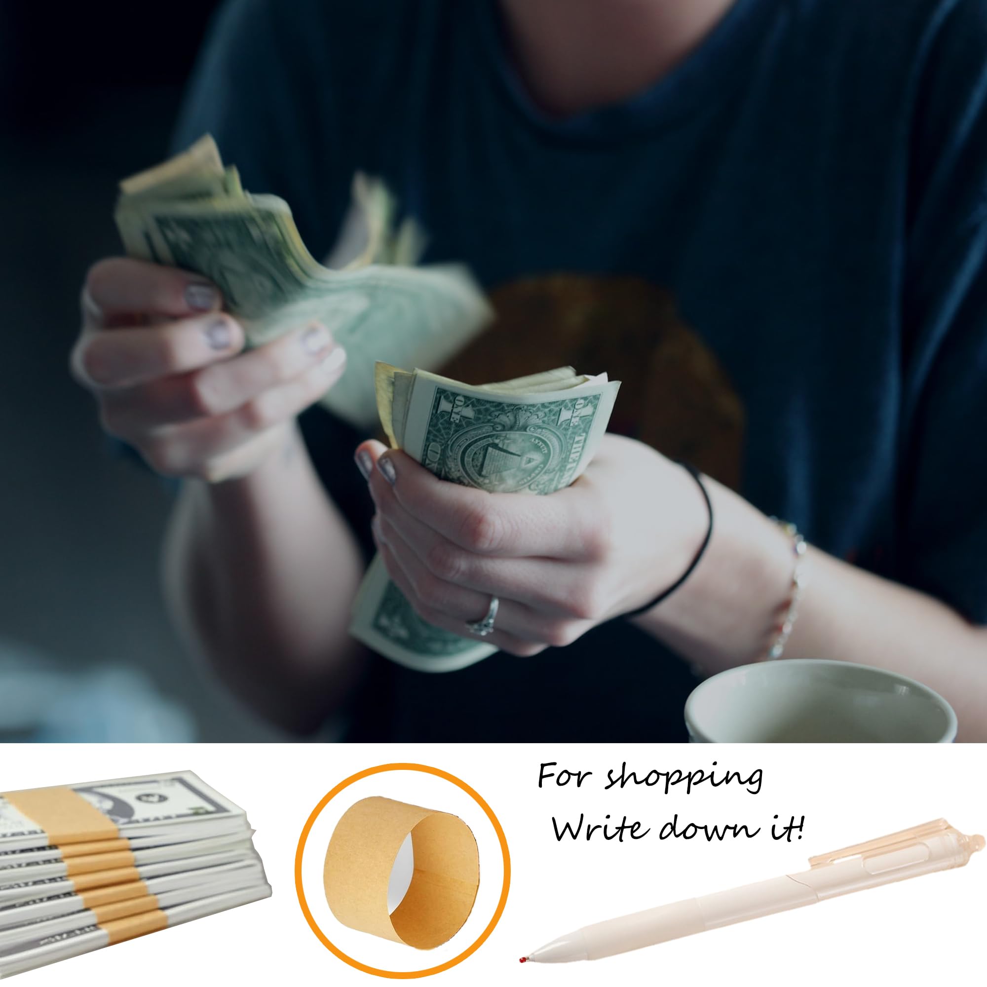 Money Bands for Cash 600-PCS Self Adhesive Wrappers for Bills, Currency Sleeves for Prop Money with One White Pen(50 of Each-600 Assorted)