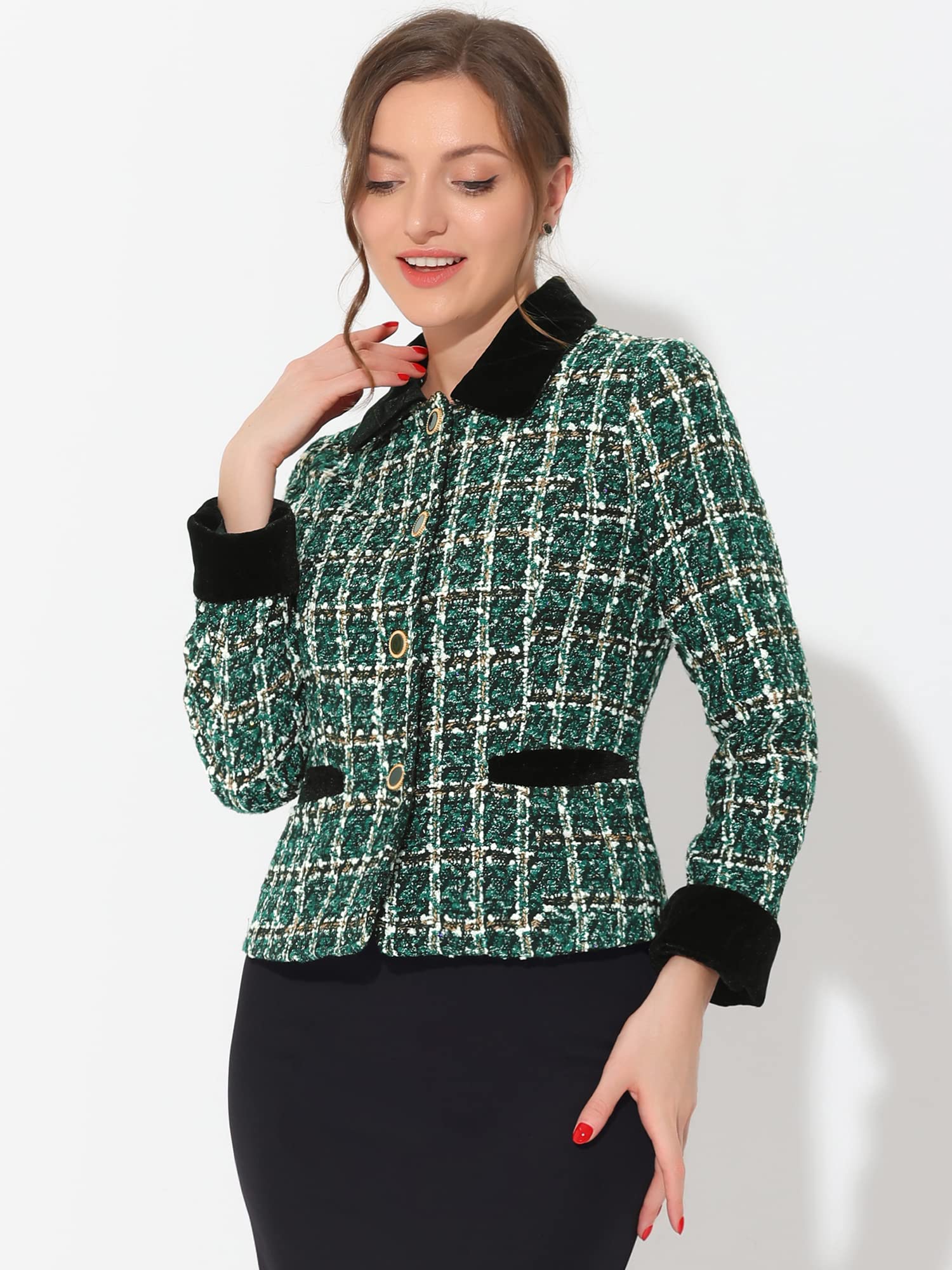 Allegra K Women's Elegant Vevelt Collared Tweed Blazer Jacket Coat Medium Green