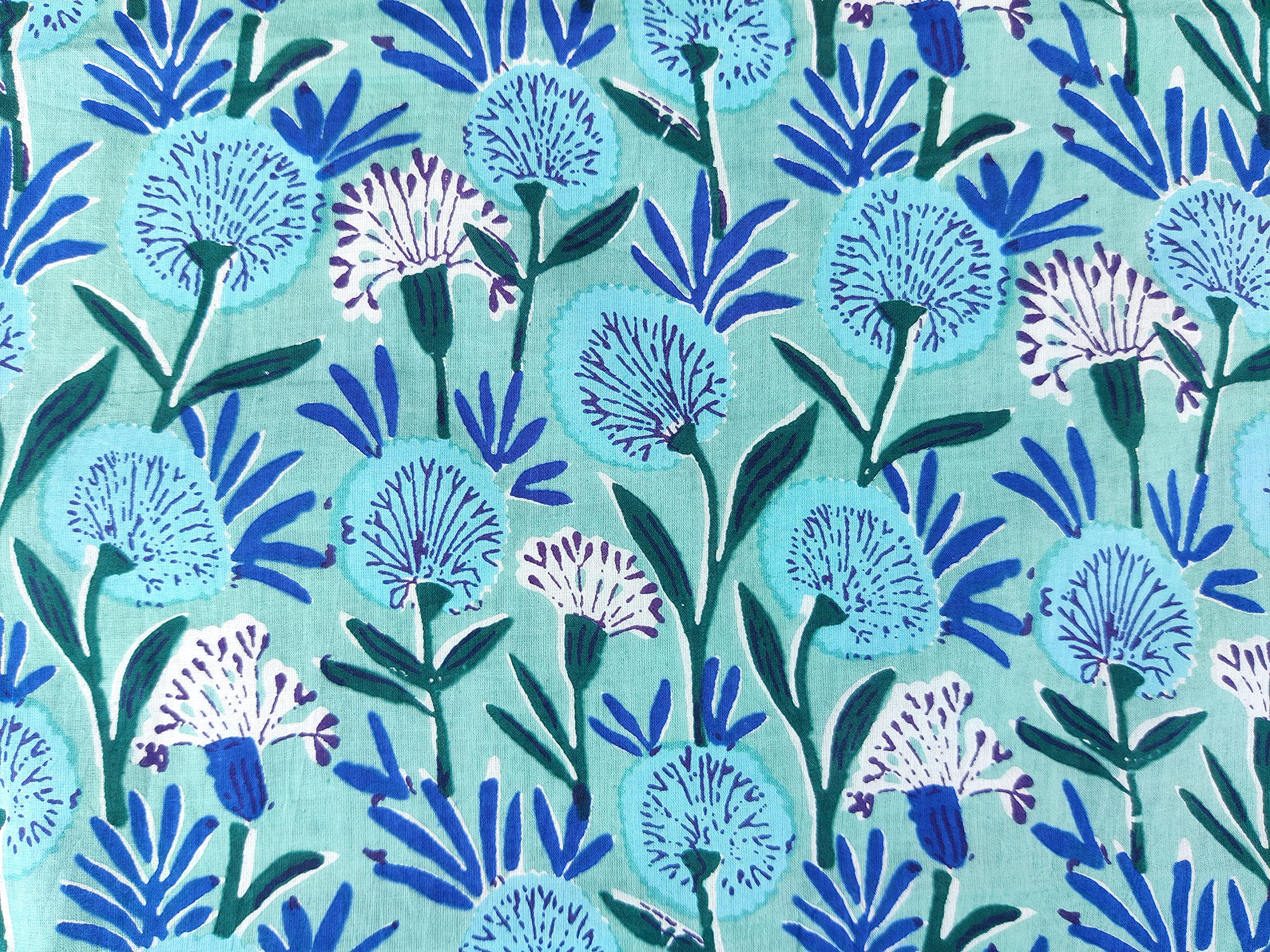 Craftbot Hand Block Print Fabric by The Yard - PRECUT 1 Yard 42 Inch Width - 100% Cotton Material - Aqua and Blue Floral Pattern - Light Weight Indian Cloth for Making Summer Dress Tops Project etc