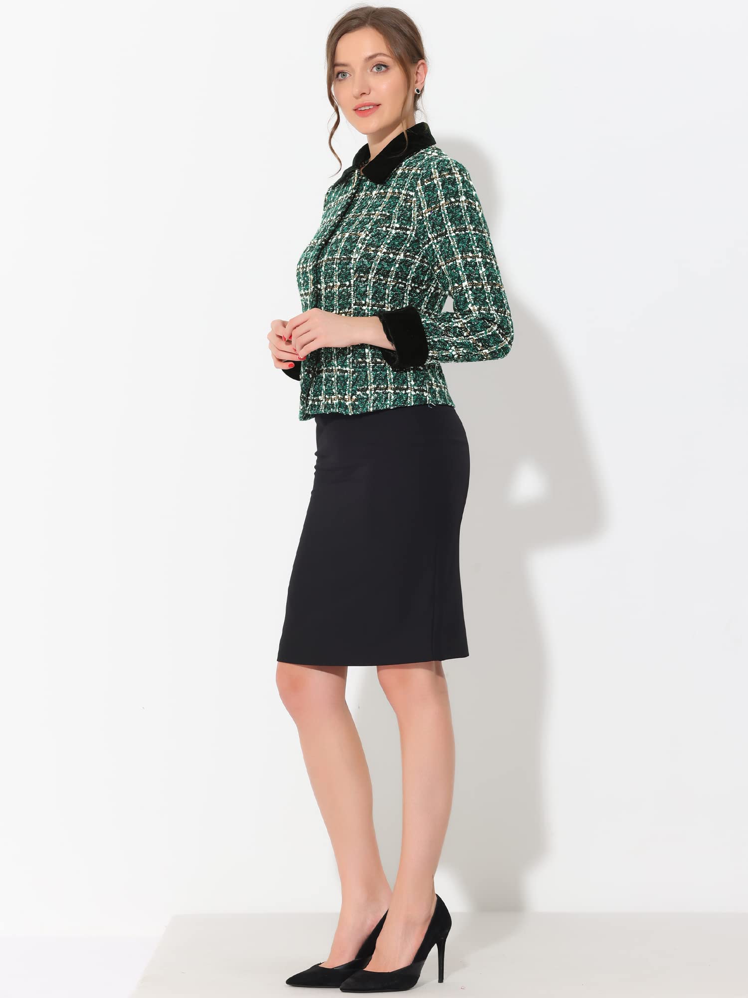 Allegra K Women's Elegant Vevelt Collared Tweed Blazer Jacket Coat Medium Green