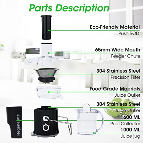 600W 3 Speeds Juicer Machines Vegetable and Fruit, Regenerate Centrifugal Juice Extractor with Big Mouth 3β Feed Chute, Easy to Clean, BPA-Free Compact Centrifugal Juice Maker, Black