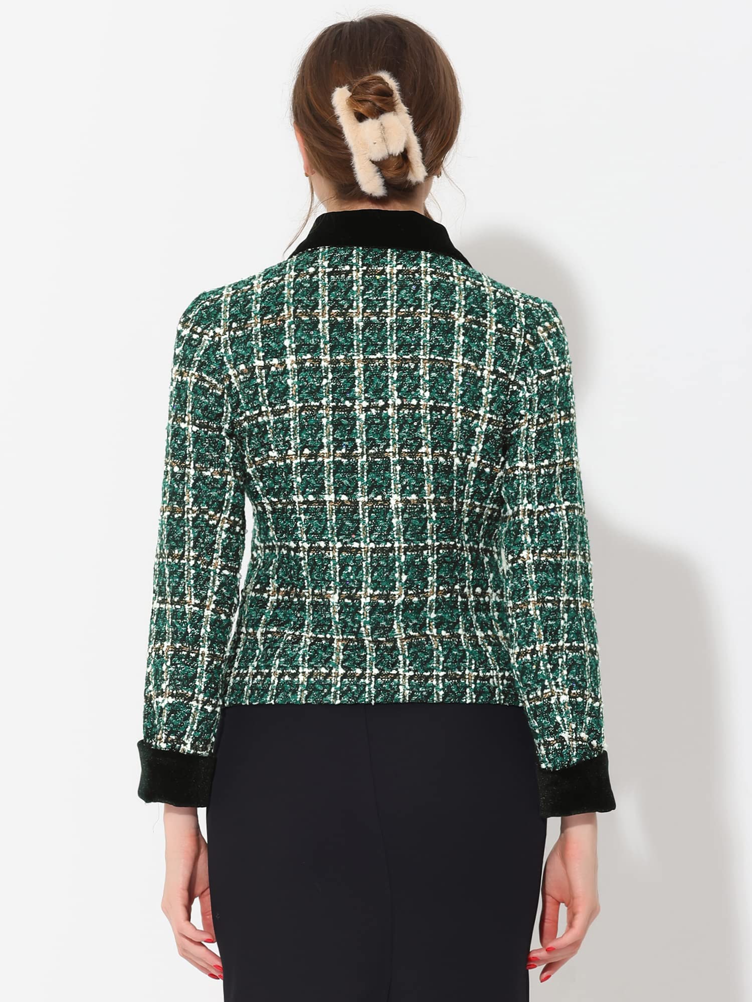 Allegra K Women's Elegant Vevelt Collared Tweed Blazer Jacket Coat Medium Green