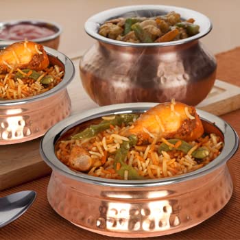 Zap Impex Set of 2, Copper Tableware Serving Bowl Indian Serveware Handi Set, Tureen Copper Stainless Steel Serving Dishes For Serving your favourite Dish with a Traditional Touch (No: 2 (15 cm))