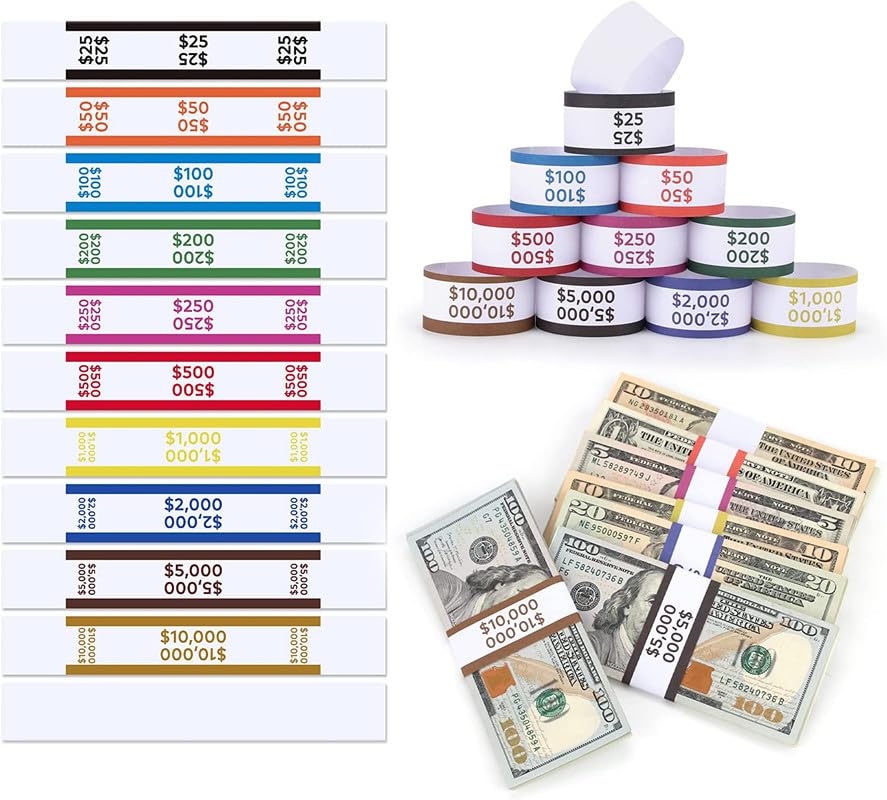 Money Bands for Cash 600-PCS Self Adhesive Wrappers for Bills, Currency Sleeves for Prop Money with One White Pen(50 of Each-600 Assorted)