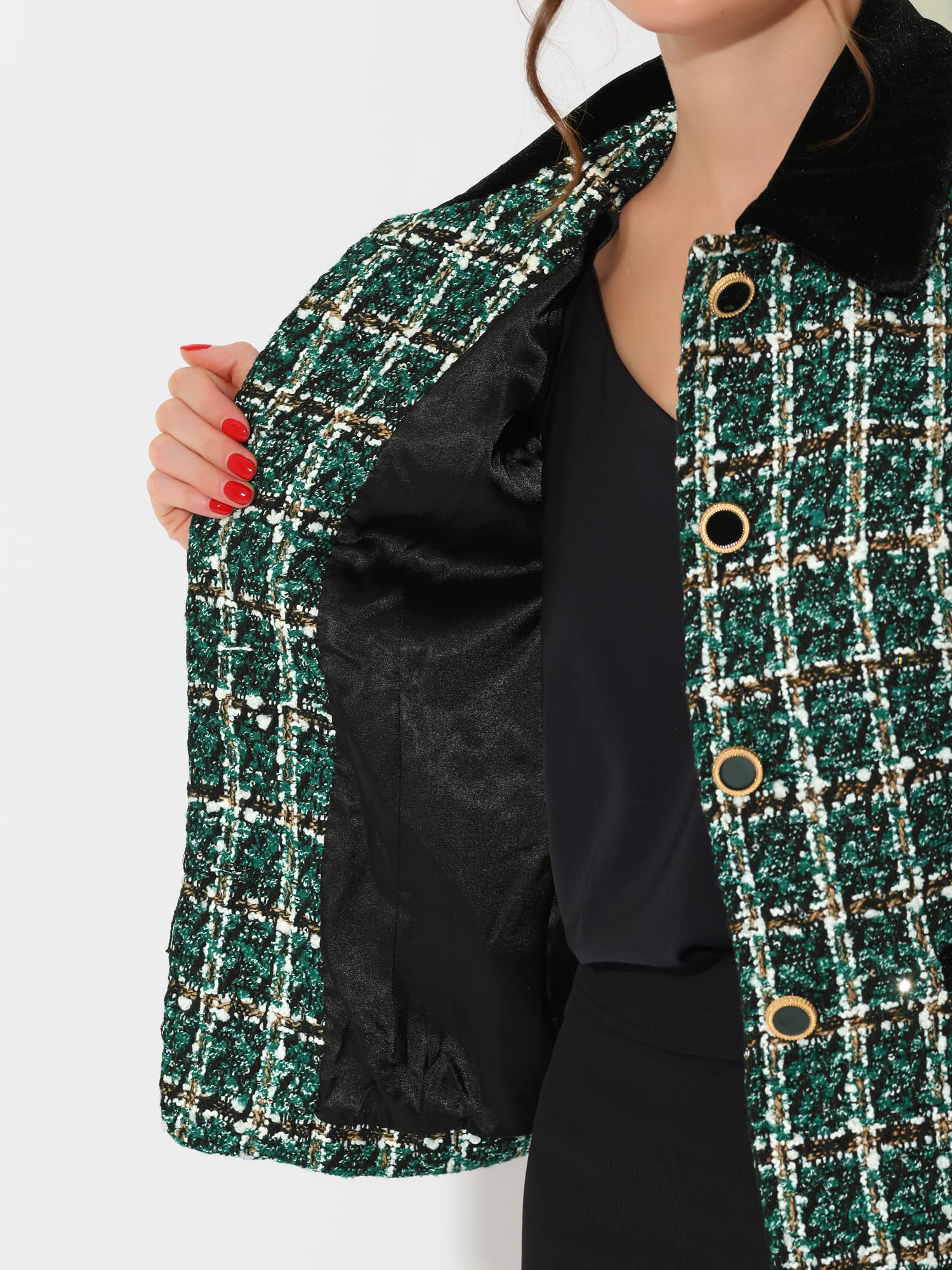 Allegra K Women's Elegant Vevelt Collared Tweed Blazer Jacket Coat Medium Green