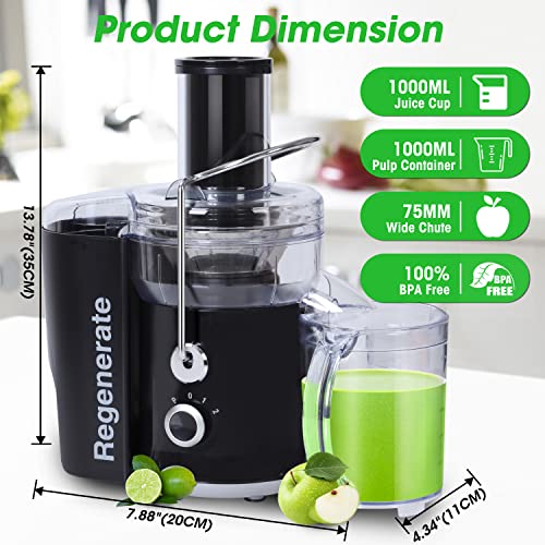 600W 3 Speeds Juicer Machines Vegetable and Fruit, Regenerate Centrifugal Juice Extractor with Big Mouth 3β Feed Chute, Easy to Clean, BPA-Free Compact Centrifugal Juice Maker, Black