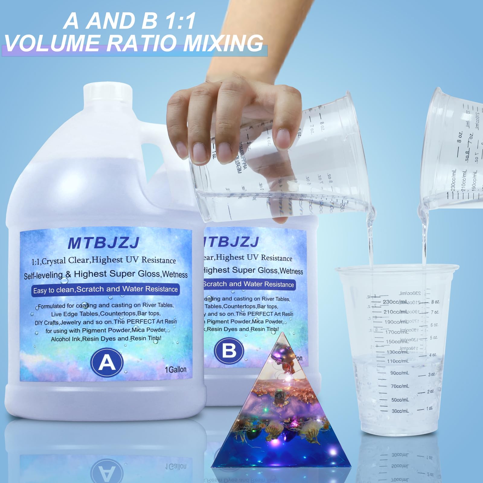 Epoxy Resin 1 Gallon Kit | MTBJZJ Supplies 1:1 Crystal Clear Resin and Hardener for Super Gloss Coating | for Bars, Tabletop Art Jewelry Casting Molds DIY