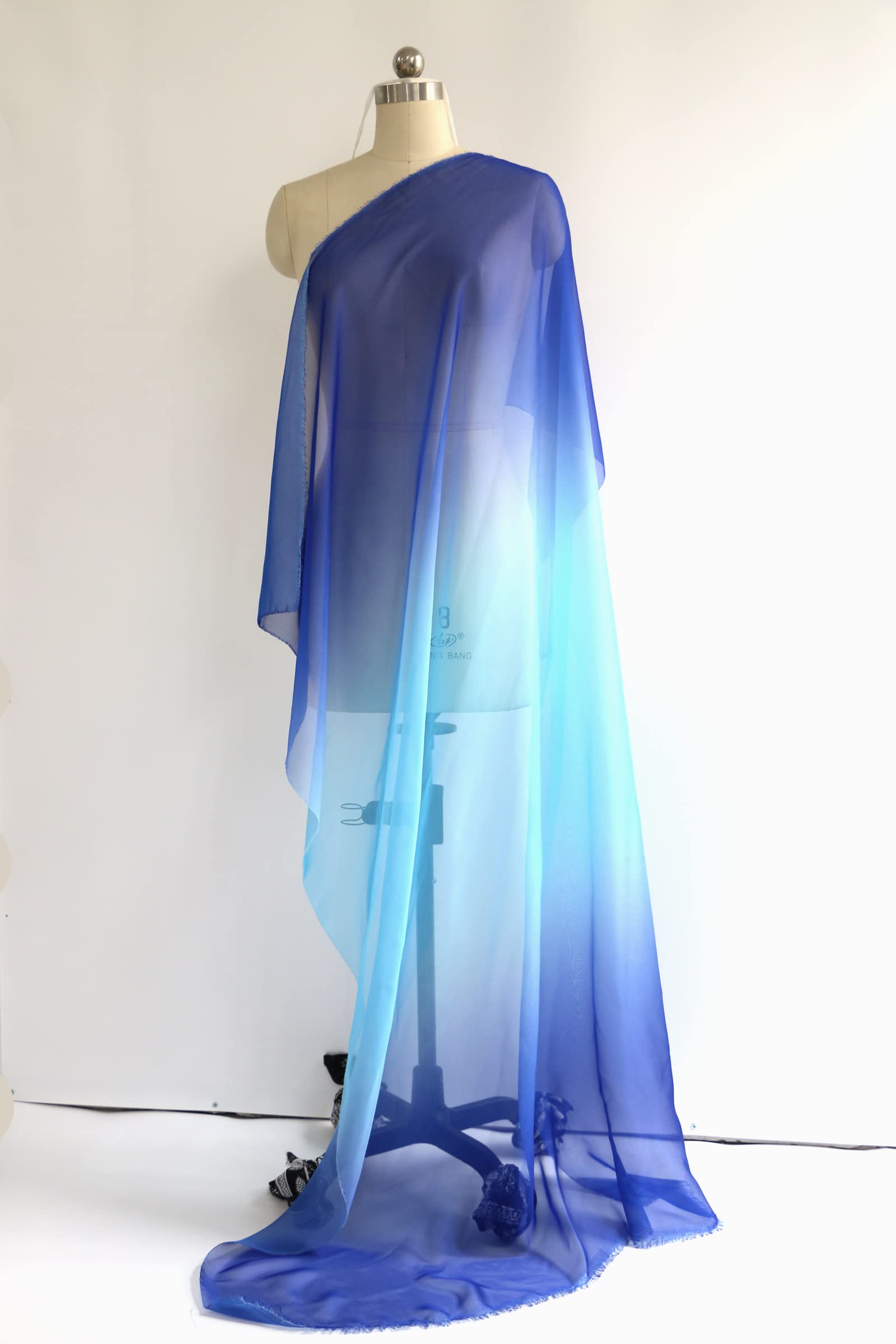 Thin 30D Shade Chiffon Fabric Soft Dancing Scarf Hanfu Chiffon Material Party Show Gradient Decoration Fashion Chiffon Gauze 100cm*148cm (Royal Blue-Sky Blue-Royal Blue)