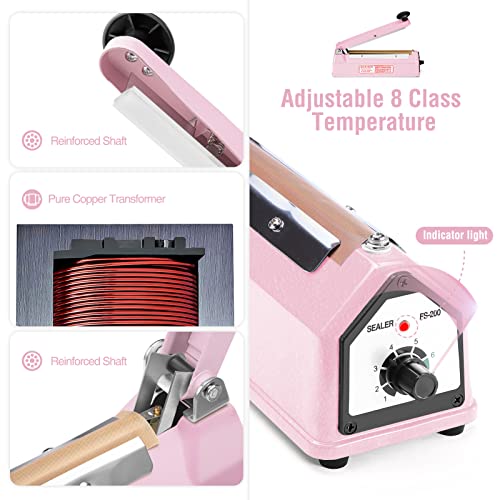 METRONIC Impulse Sealer 8 inch, Manual Heat Sealer Machine for Plastic Bags, Shrink Wrap Bag Sealers Heavy Duty Sealing Machine with Repair Kit ( Pink)