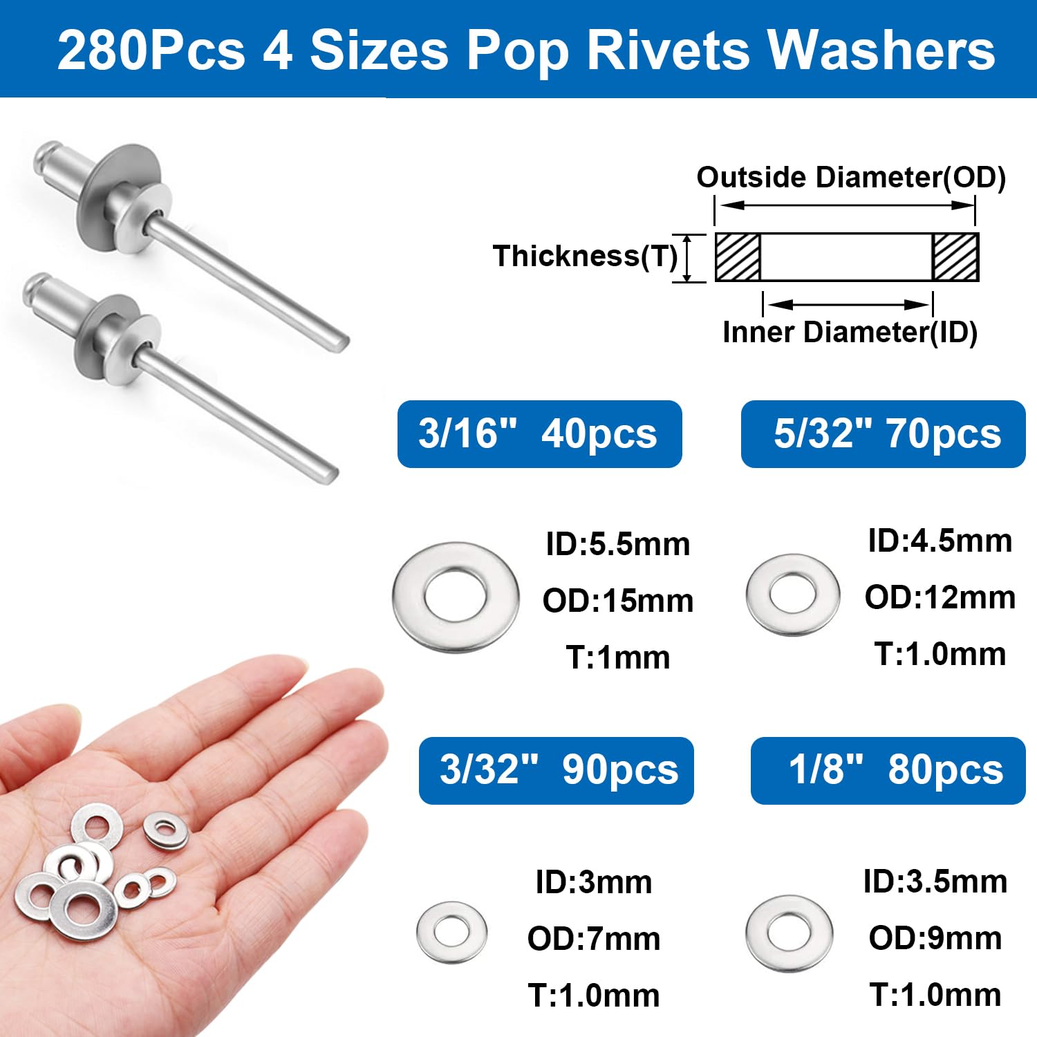 smseace 780Pcs Silver Pop Rivets with Washer Assortment Kit 14-Sizes SAE Aluminum Rivets(3/32 inch1/8 inch5/32 inch3/16 inch1/4 inch) Assorted Blind Rivets for Metal,Furniture,Automotive,Instrument
