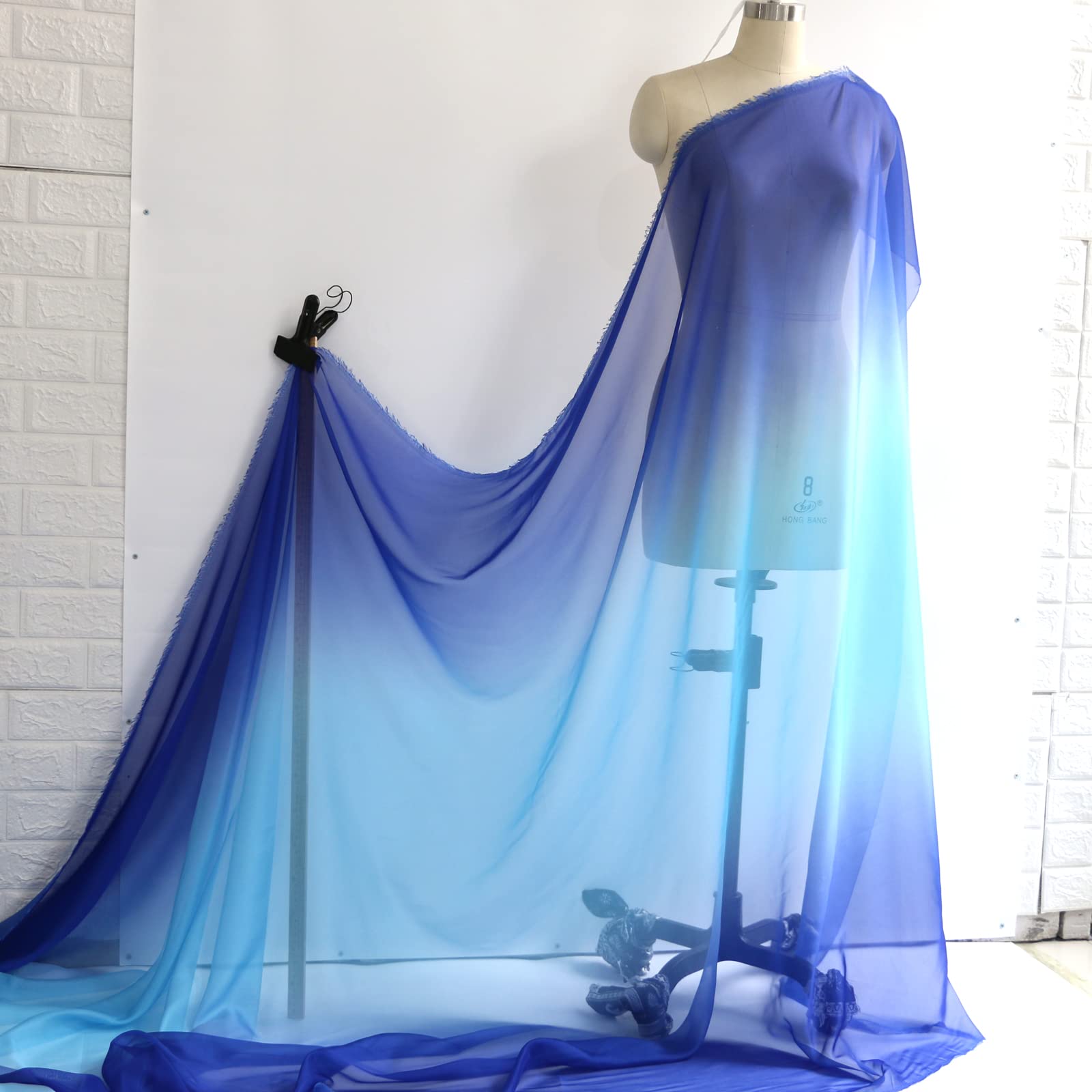 Thin 30D Shade Chiffon Fabric Soft Dancing Scarf Hanfu Chiffon Material Party Show Gradient Decoration Fashion Chiffon Gauze 100cm*148cm (Royal Blue-Sky Blue-Royal Blue)