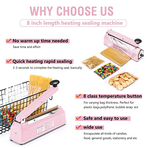 METRONIC Impulse Sealer 8 inch, Manual Heat Sealer Machine for Plastic Bags, Shrink Wrap Bag Sealers Heavy Duty Sealing Machine with Repair Kit ( Pink)