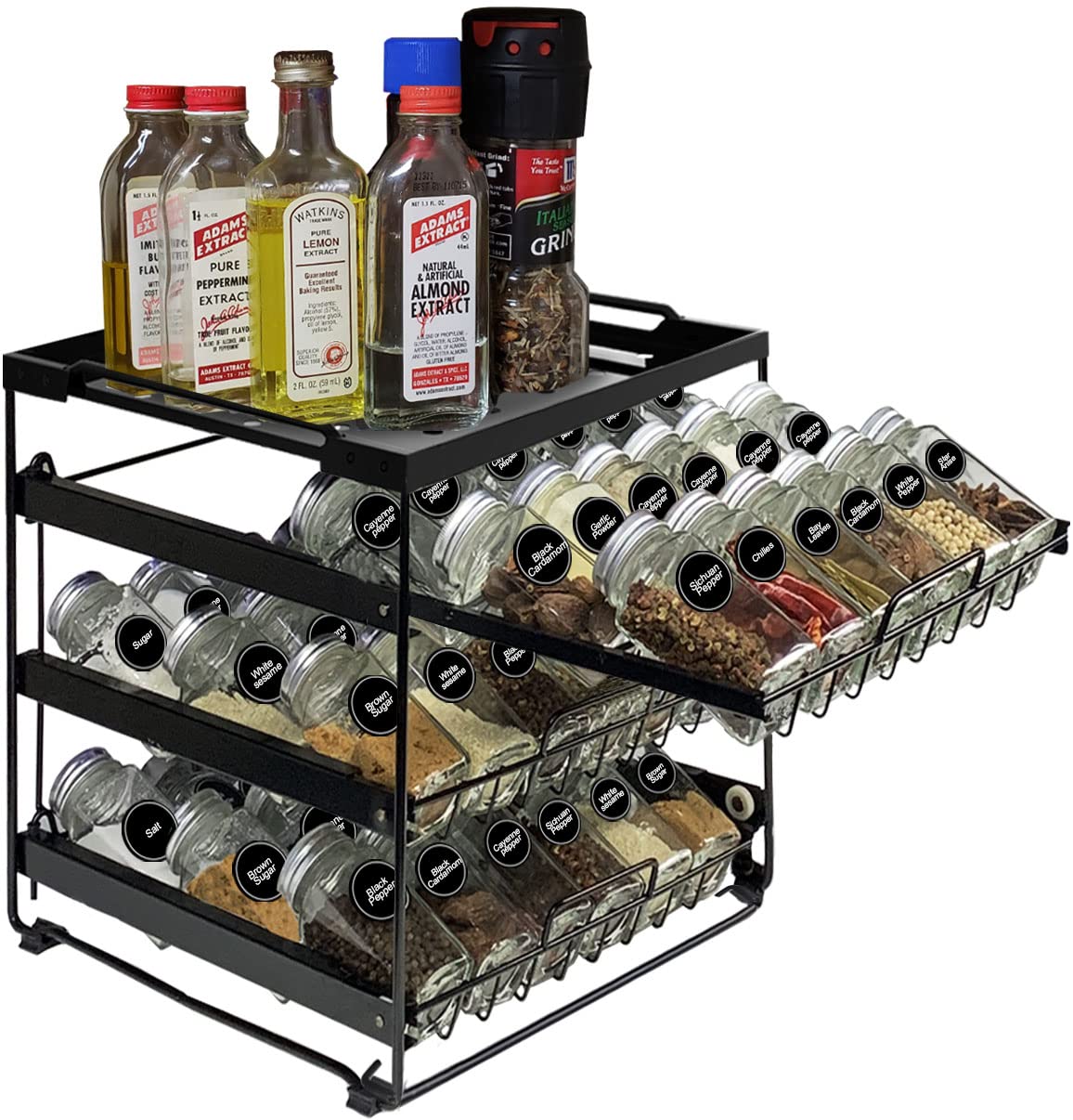Artibear Spice Rack Organizer with Mesh Drawer for Kitchen Cabinet, 3-Tier Seasoning Storage Holder for Pantry Countertop, Matte Black (Jars Not Included)