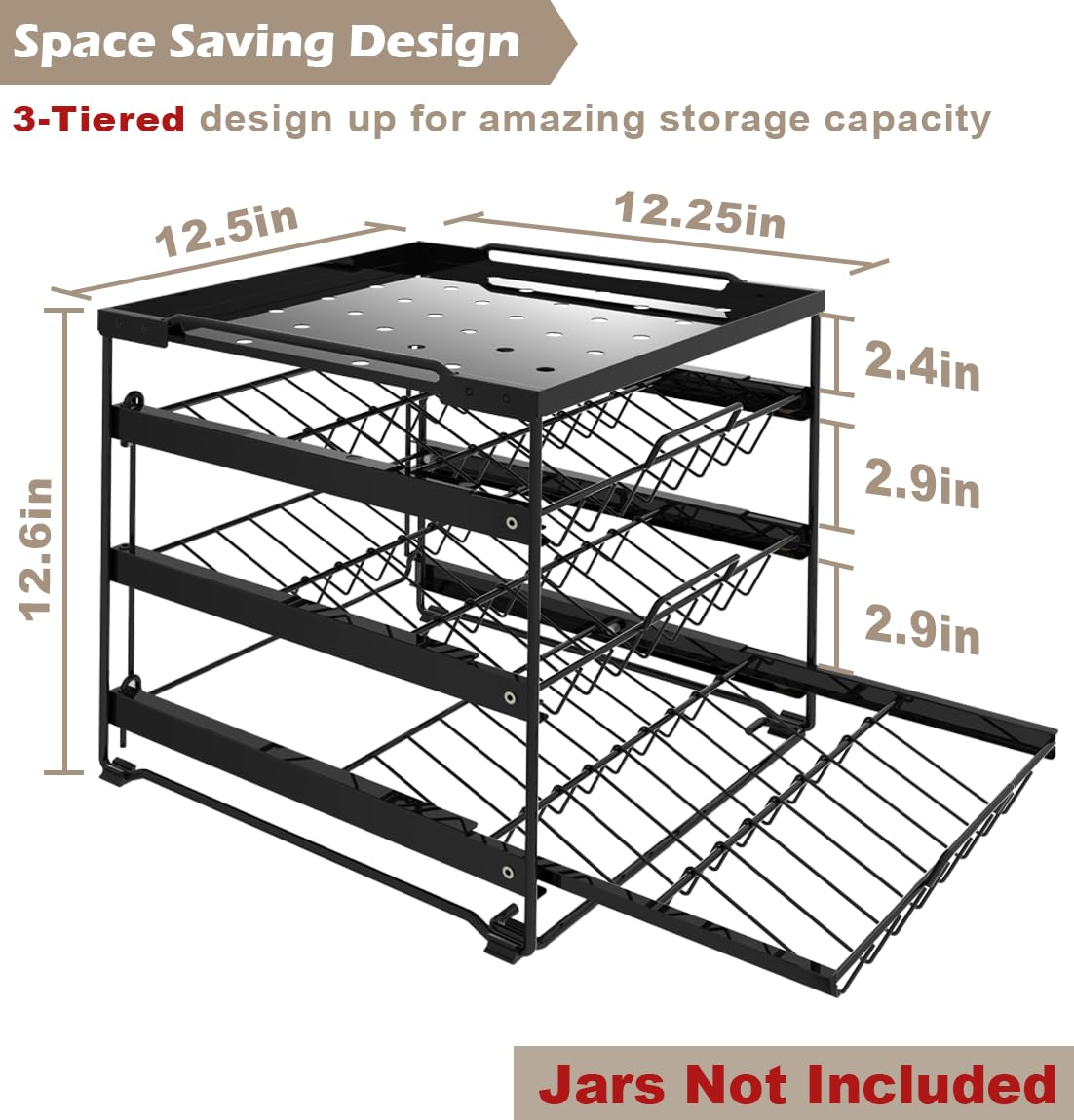 Artibear Spice Rack Organizer with Mesh Drawer for Kitchen Cabinet, 3-Tier Seasoning Storage Holder for Pantry Countertop, Matte Black (Jars Not Included)