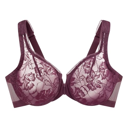 Glamorise Full Figure Plus Size Lacey T-Back Front-Closure Wonderwire Bra Underwire #9246 Black Plum